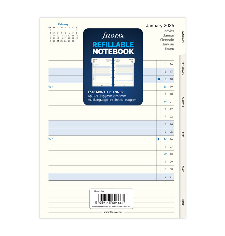 Refillable Notebook Month Planner Refill - A5 2026 | Filofax – Filofax UK