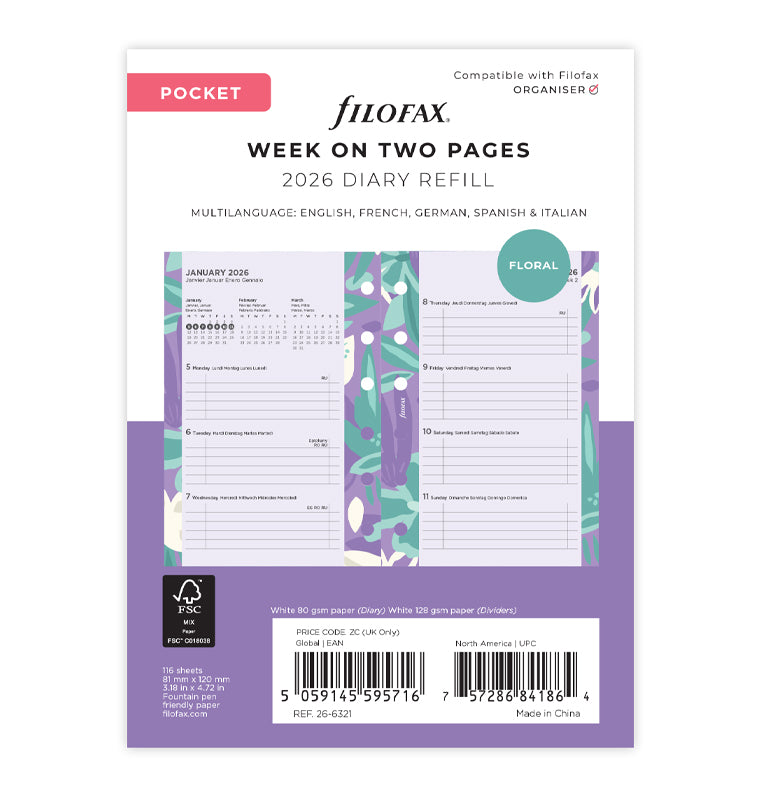 Floral Illustrated Diary Refill Pack - Pocket 2026 | Filofax – Filofax UK