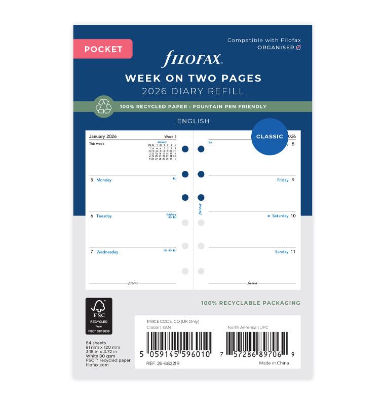 Week on Two Pages Diary - Pocket 2026 - Recycled Paper | Filofax ...