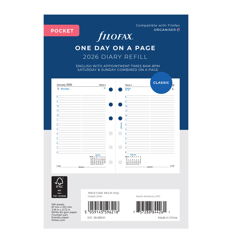 One Day on A Page Diary with Appointments - Pocket 2026 | Filofax ...