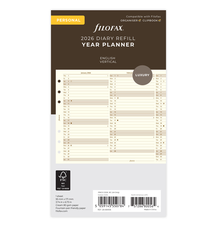 Vertical Year Planner - Personal Cotton Cream 2026 | Filofax – Filofax UK