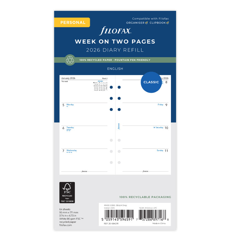 Week on Two Pages Diary - Personal 2026 - Recycled Paper | Filofax ...