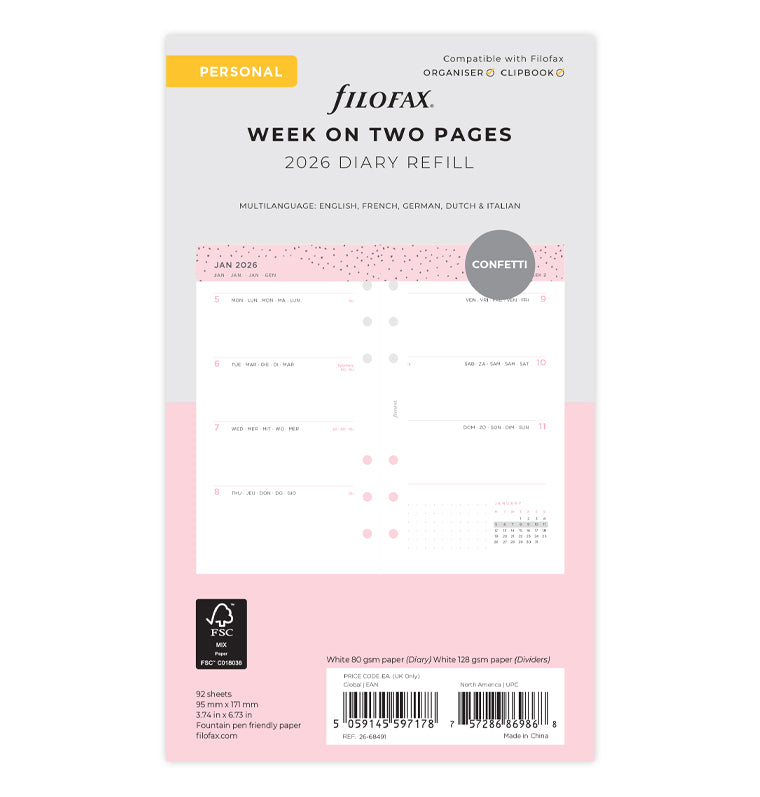 Confetti Week on Two Pages Diary Refill - Personal 2026 | Filofax ...