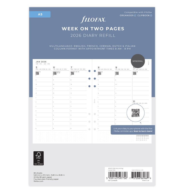 Minimal Vertical Week on Two Pages Diary Refill - A5 2026 | Filofax ...